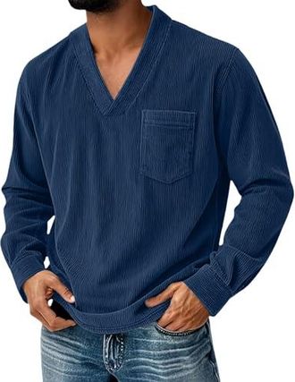 Generic T-shirts &agrave; manches longues en velours c&ocirc;tel&eacute; pour homme - Couleur unie - Haut d&eacute;t&eacute; tendance - Col en V - Coupe ample - Confortable - Respirant - V&ecirc;tem