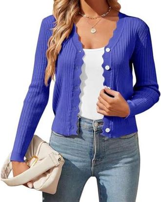 OLIPHEE Gilet Femme Cardigan Court avec Boutons et Bords Ondulés Cardigan Femme Chic et Elegant Pull Tricoté Couleur Unie Y2K Gilet Léger Dentelle Automne Hiv