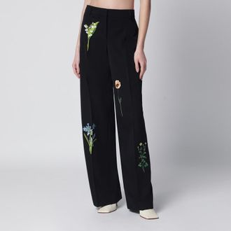 Stella McCartney Black wool trousers with floral embroidery