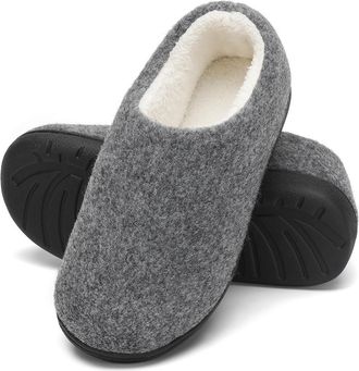 Mishansha Herren Filz Hausschuhe Winter Wärme Memory Foam Pantoffeln rutschfeste Plüsch Harte Sohle Slippers für Indoor & Outdoor, Grau, 46/47 EU