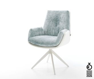 DELIFE Drehstuhl Clea-Flex Materialmix Echtleder Wei&szlig;-Pastellblau Kreuzgestell breit Wei&szlig; 360&deg; drehbar Wippfunktion, Esszimmerst&uuml;hle