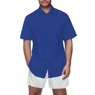 Generic T-shirt en lin blanc pour homme - Chemise en lin &agrave; manches courtes - Chemise en coton boutonn&eacute;e - Coupe ajust&eacute;e - Pour homme, bleu, 4XL