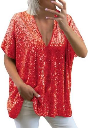 Generic T Shirt Femmes à Manches Courtes Col en v Brillant Métallisé Glitter Grandes Tailles Élégante Basique Paillettes Haut Décontracté Brillante Sequins Ét