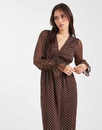 Wednesday's Girl Midaxi-Kleid in Braun mit Polka Dots und V-Ausschnitt-Schwarz