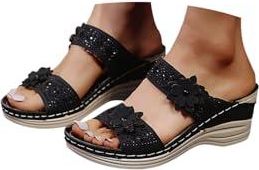 Generic Sandales orthop&eacute;diques compens&eacute;es pour femme - Sandales larges pour femme - Sandales et sandales compens&eacute;es &agrave; bout ouvert pour femme, C noir., 35.5 EU