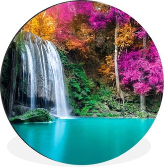 MuchoWow Wandbild Rund Wanddeko Deko Wohnzimmer Bilder 30x30 cm Wasserfall - Bäume - Rosa - Braun - Natur