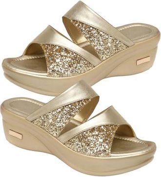 Yarnow Sandales Compens&eacute;es &Eacute;paisses pour Femme &eacute;t&eacute; Semelle Plateforme Large D&eacute;cor Brillant Chic Confort pour Marche et Plage Mod&egrave;le Maman Or