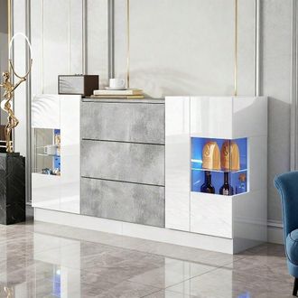 Generic Sideboard mit 16-Farben-LED-Beleuchtung, 2 T&uuml;ren und 3 Schubladen, hochgl&auml;nzend in Wei&szlig; mit Grauem Marmorlook, 140x35x75 cm