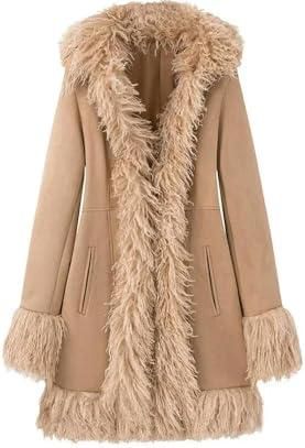 Generic GLDFW Manteau dhiver &agrave; manches longues en daim et fourrure patchwork pour femme Camel Long Manteau chaud &eacute;l&eacute;gant, camel, L