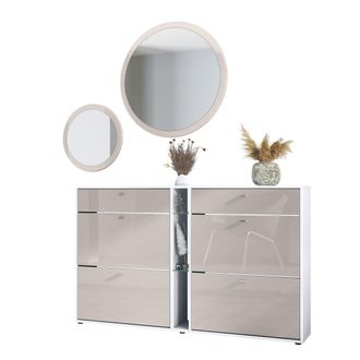 Vladon Garderoben-Set Florence mit Schuhschrank und 2 Wandspiegel, Made in Germany, Wei&szlig; matt/Sandgrau Hochglanz