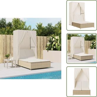 vidaXL Chaise longue double avec toit et rideaux beige r&eacute;sine tress&eacute;e - Chaises Longues Doubles - Transats - Bain De Soleil - Mobilier De Jardin - Chaises