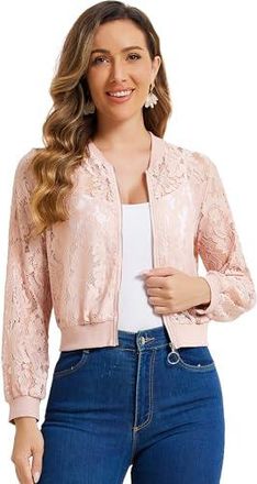 Allegra K Bomber en Dentelle Femme Blouson Dentelle au Crochet Floral Transparent Veste Courte Légère pour Printemps et été Rose XS
