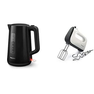 Philips HD9318/20 Wasserkocher Serie 3000, 1,7l, Federdeckel, LED-Anzeige, schwarz & HR3741/00 Handmixer (450 Watt, 5 Geschwindigkeiten plus Turbo) wei&szlig;/schwa