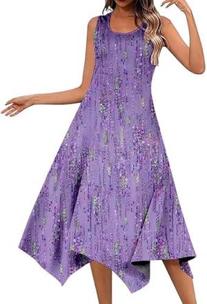 Generic Robes amincissantes d&eacute;contract&eacute;es sans manches pour femmes, robe trap&egrave;ze &agrave; imprim&eacute; floral, col rond, tenue quotidienne, printemps, &eacute;t&eacute;, automne, confo