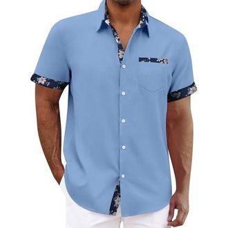 Generic Chemise hawa&iuml;enne boutonn&eacute;e &agrave; manches courtes pour homme - Coupe droite - Style d&eacute;contract&eacute; - Tropical - Vacances - Printemps - Avec poches, bleu ciel