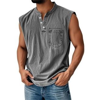 Generic T-shirt Henley vintage respirant sans manches pour homme, coupe d&eacute;contract&eacute;e, uni, boutonn&eacute;, col en V, surdimensionn&eacute;, gris, XXL