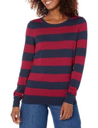 Amazon Essentials Damen Leichter, Lang&auml;rmeliger Pullover Mit Rundhalsausschnitt (Erh&auml;ltlich in &Uuml;bergr&ouml;&szlig;e), Burgunderrot Marineblau Rugby-Streifen, L