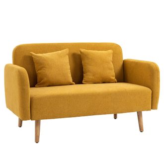 HOMCOM Sofa 2 Sitzer Couch mit 2 Wurfkissen, Kleine Loveseat mit Samtopik Modern Polstersofa f&uuml;r Wohnzimmer, Schlafzimmer, kleinen Raum, Gelb 130 x 70 x 80 c