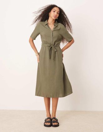 Jacqueline de Yong Midi-Hemdkleid aus Leinenmix in Khaki-Gr&uuml;n