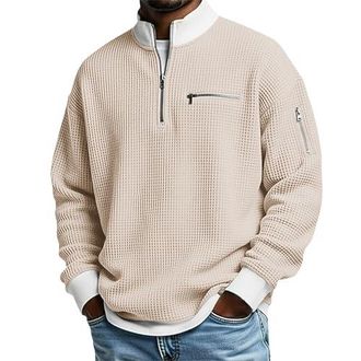 Generic Sweat &agrave; fermeture &eacute;clair contrast&eacute;e pour homme, style d&eacute;contract&eacute; et d&eacute;contract&eacute;, demi-fermeture &eacute;clair gaufr&eacute;e pour homme, mode dautomne, beige, XXL