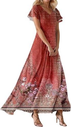 Generic Robe d&eacute;t&eacute; boh&egrave;me 2026 pour femme, robe d&eacute;t&eacute; &eacute;l&eacute;gante avec col en V, fluide, d&eacute;contract&eacute;e, parfaite pour la plage et la vill&eacute;giature, Rouge, XXL