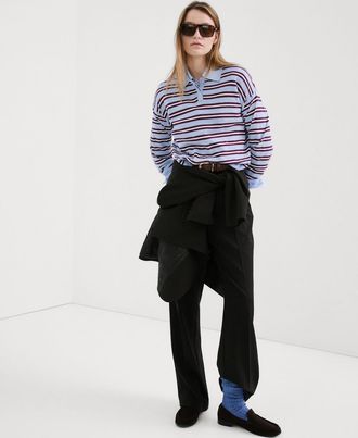 Mango Pull-over rayures col polo bleu ciel - Femme - XXS - MANGO