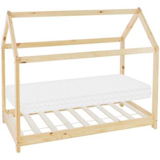 ML Design Ml-design - Lit dEnfant Forme Maison 70x140 cm Naturel avec Matelas à Mousse Froide Sommier à Lattes Housse Amovible Lavable, Cadre en Bois de Pin