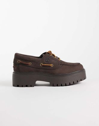 Timberland Stone Street chaussures bateau &agrave; plateforme 3 oeillets en nubuck marron fonc&eacute;