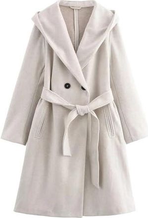 Generic Formal Coat for Evening Dresses Fall Long Trench Coat Double Breasted Lapel Belted Peacoat Apricot Small