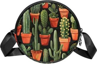 Generic Sac &agrave; bandouli&egrave;re rond pour femme, petit sac &agrave; bandouli&egrave;re motif cactus avec fermeture &eacute;clair, bretelles r&eacute;glables, sac &agrave; main rond d&eacute;contract&eacute; pour f