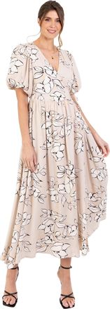 Lovedrobe Womens Ladies Maxi Dress Short Puff Sleeves V-Neckline Wrap Waist Tie A-line Evening Occasion Summer Wedding Guest Stone 46