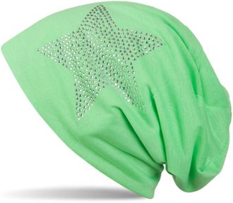styleBREAKER Klassische leichte Unisex Beanie Mütze mit Stern Strass Applikation 04024019, Farbe:Neongrün