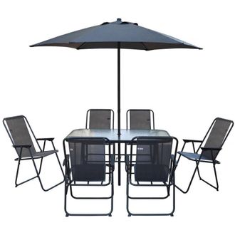 Habitat et Jardin Gartentisch und -st&uuml;hle mit Sonnenschirm aus Metall Convivia - 6 Pl&auml;tze - Anthrazitgrau