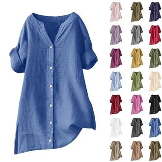 Generic Haut &agrave; manches courtes en coton et lin pour femme - Tunique confortable et respirante de couleur unie &agrave; col en V - T-shirt basique polyvalent en mouss