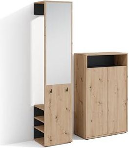 Byliving Garderoben-Set Lyon/Weiß oder Artisan Eiche kombiniert mit Schwarz/Hochschrank mit Spiegel/Schuhschrank/B 40, H 185, T 35 cm, B 70, H 115, T 33,5 cm
