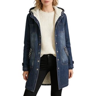 Generic Veste en jean doubl&eacute;e Sherpa pour femme - Longue veste polaire - Manteau dhiver thermique, noir fonc&eacute;, 3XL