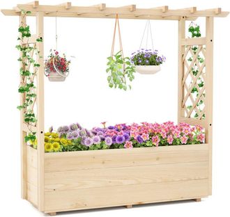 Costway Jardini&egrave;re Sur&eacute;lev&eacute;e en Bois Massif avec Treillis, Toit Suspendu, Drainage, pour Plantes Grimpantes, Fleurs, L&eacute;gumes, 115 x 40 x 103 cm