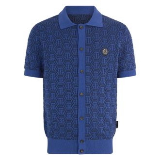Philipp Plein Homme, Chemises, Bleu, Taille: XL Polo Boutonn&eacute; Jacquard Monogramme