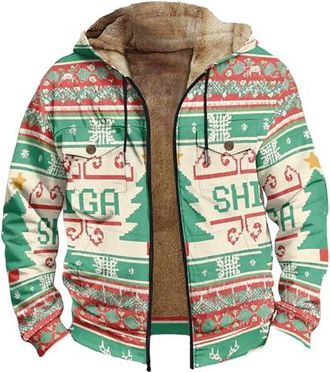 Generic Manteau de Noël chaud doublé en polaire avec imprimé complet à capuche coupe-vent pour homme, Vert, XXL