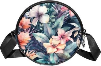 Generic Petit sac &agrave; bandouli&egrave;re circulaire pour femme, motif feuilles florales, sac &agrave; dos avec fermeture &eacute;clair, bretelles r&eacute;glables, sac &agrave; main rond d&eacute;contra