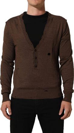 Dolce & Gabbana Linen-Blend V-Neck with Button Closure Sweater - Brown