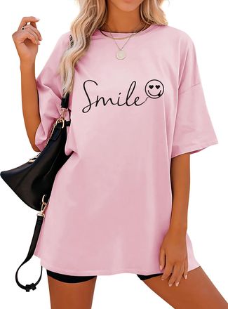 Dresswel Tshirt Damen Oversize Smile T-Shirt Kurzarm Rundhals Oversized Tshirts Lose Sommer Tops Lang Oberteile Bluse f&uuml;r Frauen Teenager M&auml;dchen