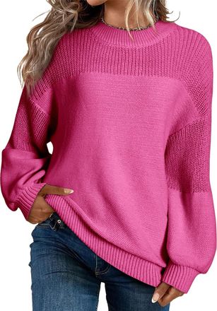 Dokotoo Damen Pullover Elegant Rundhals Puff&auml;rmel Strickpullover Einfarbig Lose Oberteile Herbst Winterpullover Pulli, Rose, S