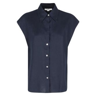 Vince Femme, Blouses et Chemises, Bleu, Taille: 40 FR Chemisier en lin &agrave; manches courtes et boutonnage sur le devant