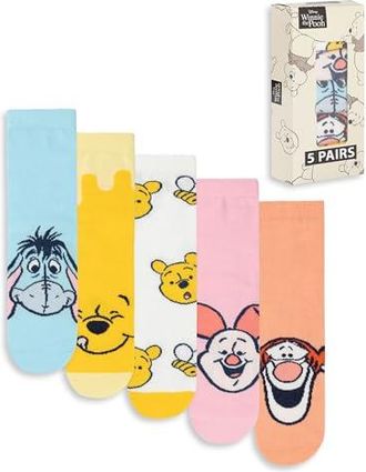 Disney Winnie lourson Lot de 5 paires de chaussettes pour femme | Imprim&eacute;s de personnages : Winnie lourson, Bourriquet, Porcinet et Tigrou | Multicolore, ble