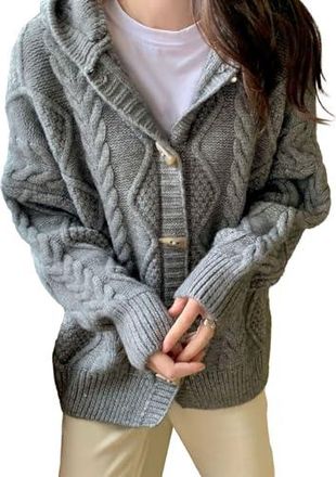 Generic Chandail boutonné pour femme, ouvert sur le devant, manches longues, cardigan en tricot à capuche, chandail épais, gris, M