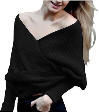 Generic Produit catégorie ScarfPull tricoté élégant à col en V et épaules dénudées pour Femme Accessoire Polyvalent (Black, One Size)