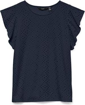 Vero Moda Chemise Blouse avec Motif Trou et Manches Courtes Volant&eacute;es, Couleurs:Bleu-Marine, Taille:S