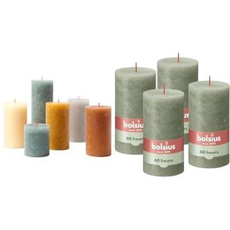 Bolsius Bundle of Bolsius Coffret cadeau de bougies rustiques - Nordic Ambiance - Boîte de 6 + Bolsius - Lot de 4 bougies pilier rustiques - Vert foncé - 13 x