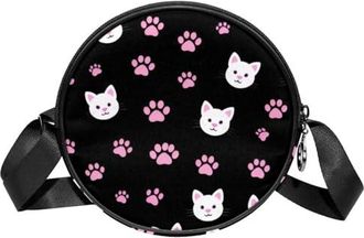 Generic Sac &agrave; bandouli&egrave;re rond pour femme, motif pattes de chat, sac &agrave; dos &agrave; bandouli&egrave;re avec fermeture &eacute;clair, bretelles r&eacute;glables, sac &agrave; main rond d&eacute;contrac